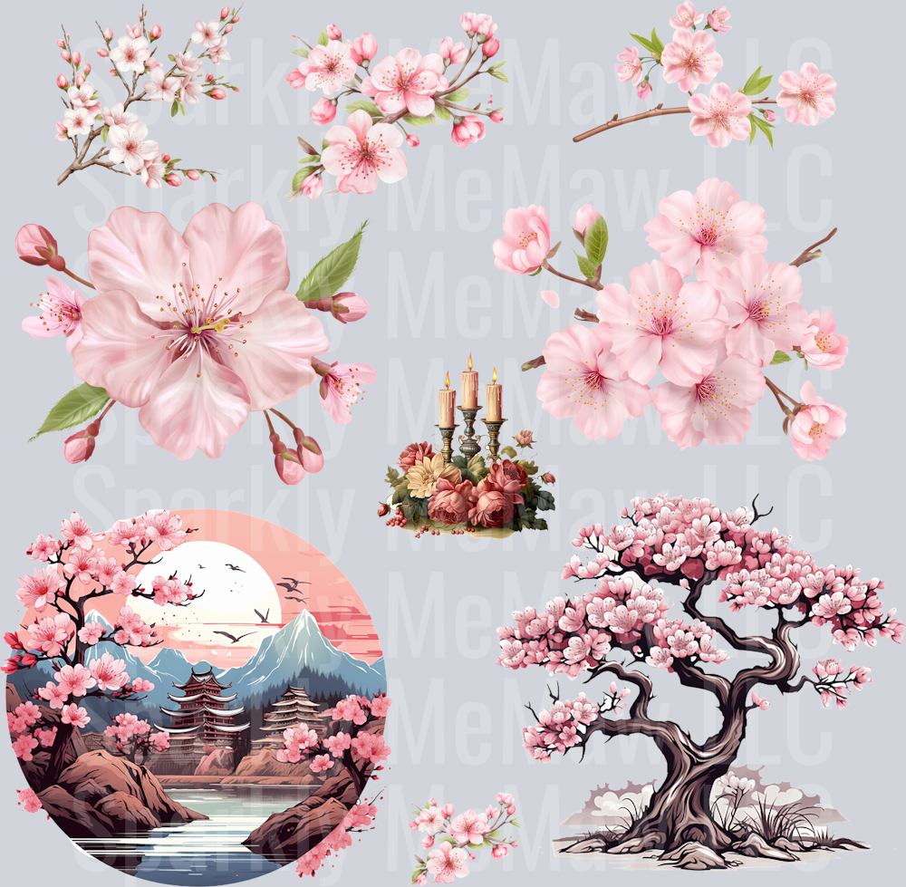 Cherry Blossoms 2 UV DTF 9x9 element – Sparkly MeMaw LLC